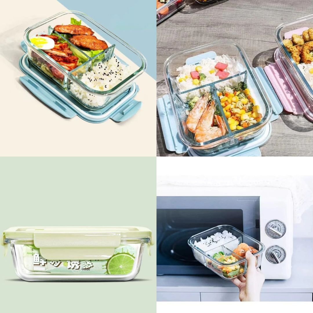 3 Grid Partitioned Glass Lunch Box – Elegant Households KE