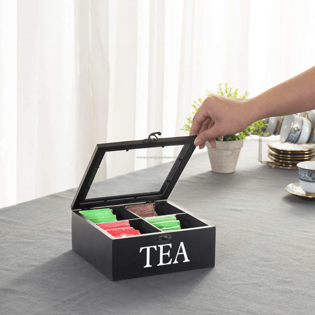 9-Grid Bamboo Tea Bag Organizer with Visible Lid – Elegant Households KE