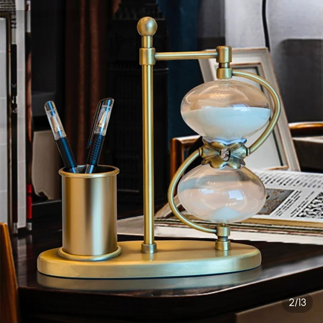 Rotating Hourglass with Brass Pen Holder – 30-Minute 360° Sand Timer D ...