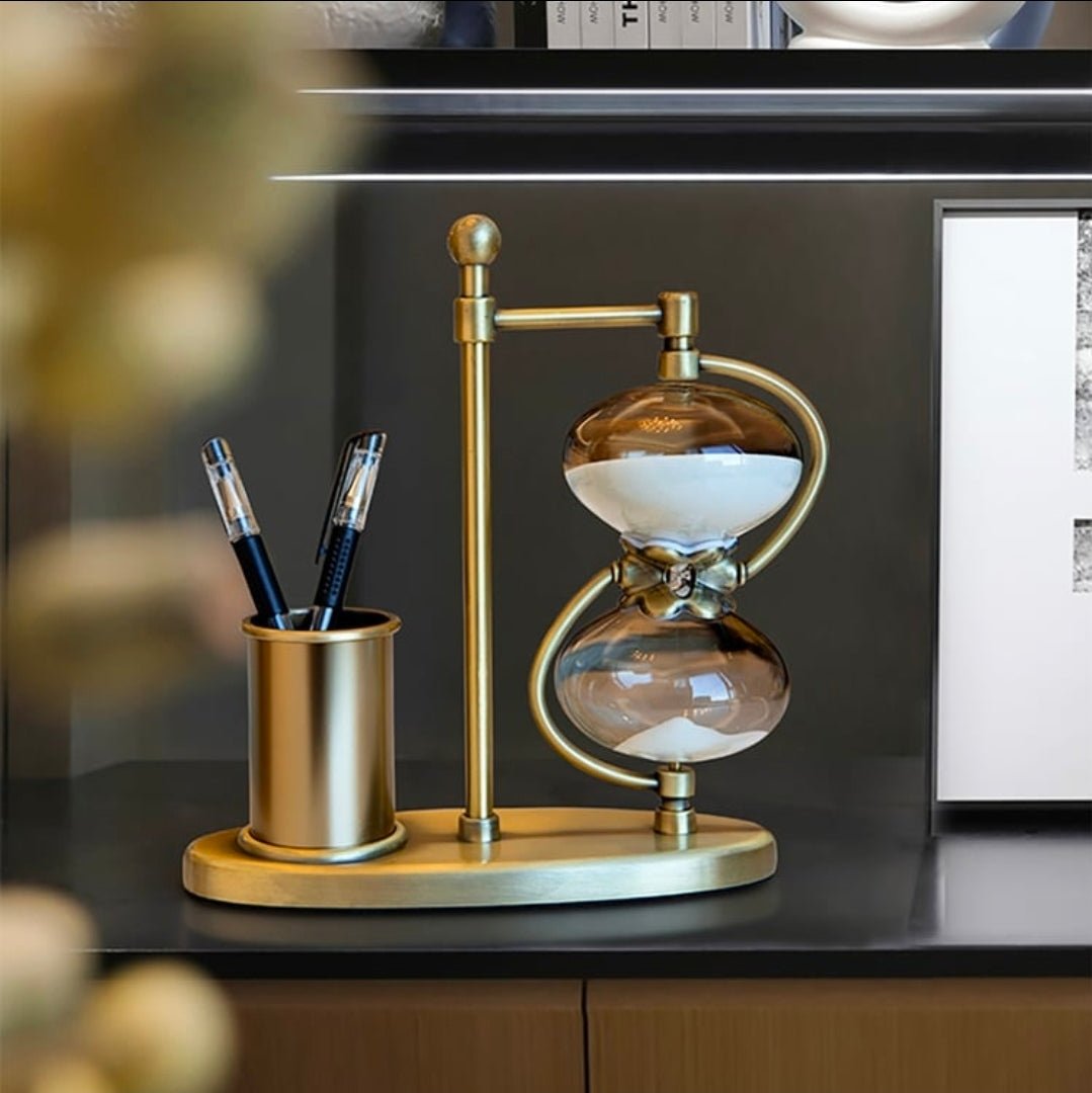 Rotating Hourglass with Brass Pen Holder – 30-Minute 360° Sand Timer D ...